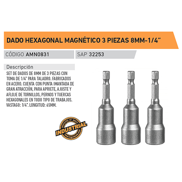 DADO HEXAGONAL MAGNÉTICO 3 PZ 8MM-1/4 PULG AMN0831 - INGCO